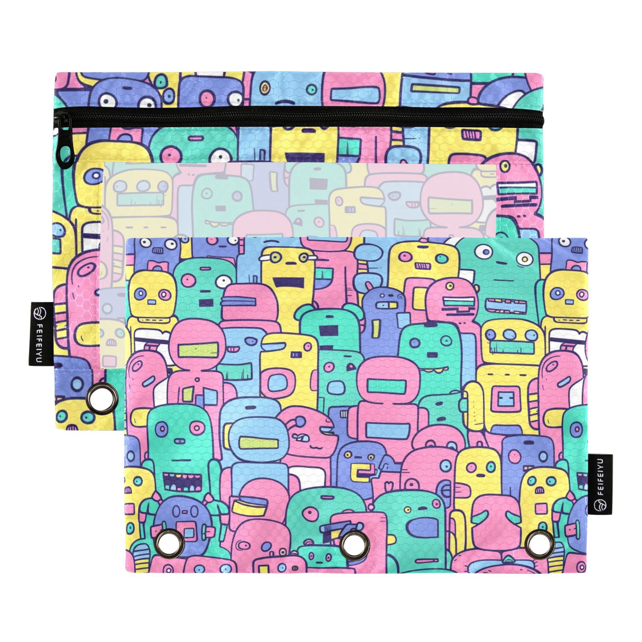 Colorful Cartoon Robots 2 Pack Pencil Pouch for 3 Ring Binder Smooth ...