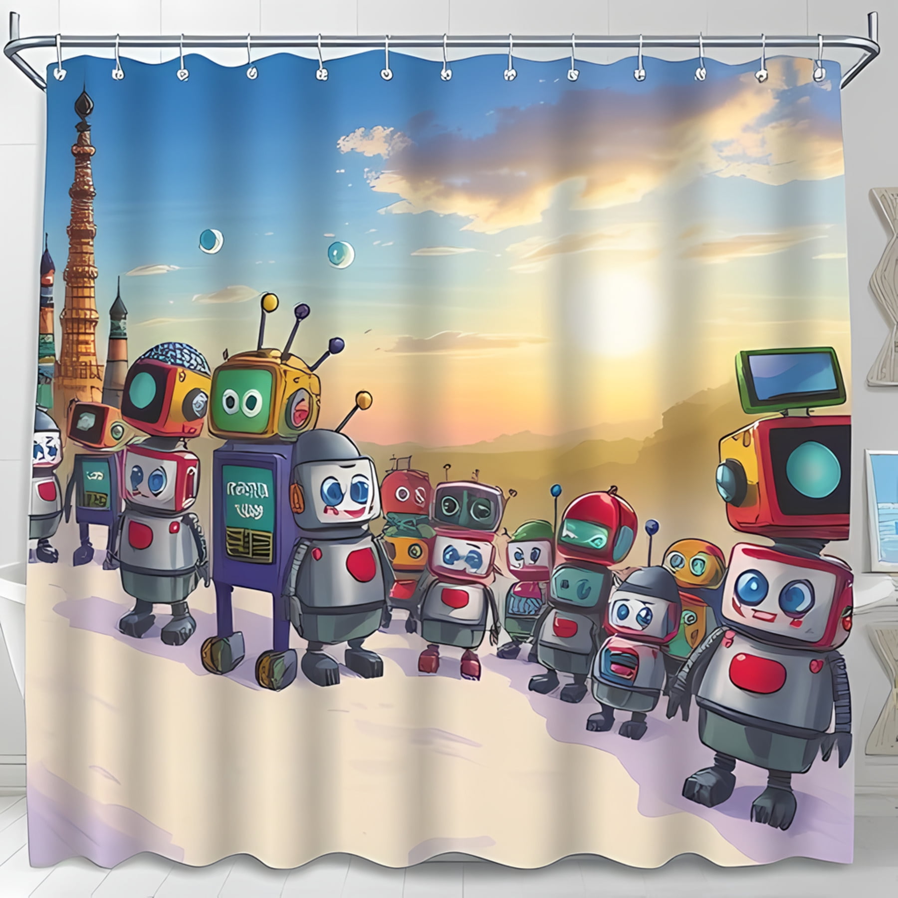 Colorful Cartoon Robots Shower Curtain - Whimsical Desert Landscape ...