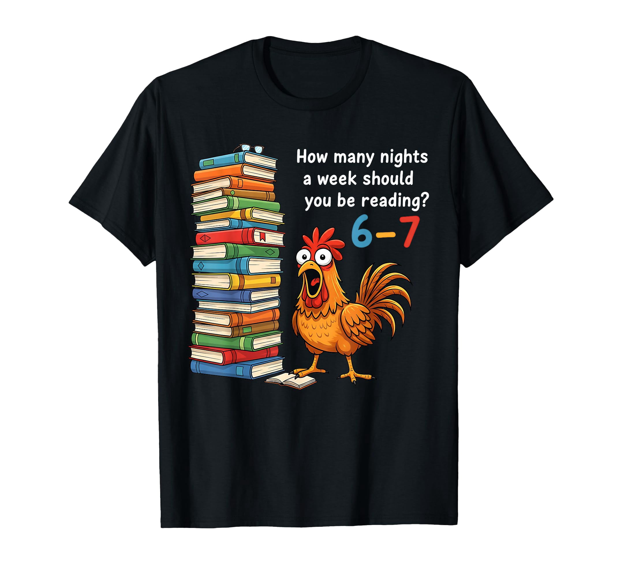 Colorful Cartoon Rooster Reading Question T-Shirt for Teachers and Book ...