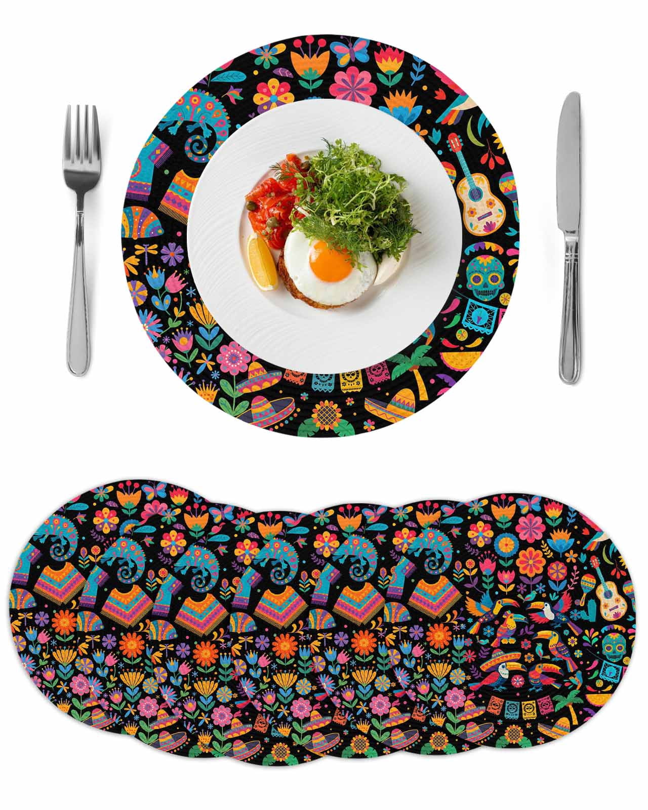 Colorful Cartoon Round 15 Inch Placemats Set of 6, Funny Flowers Guitar ...