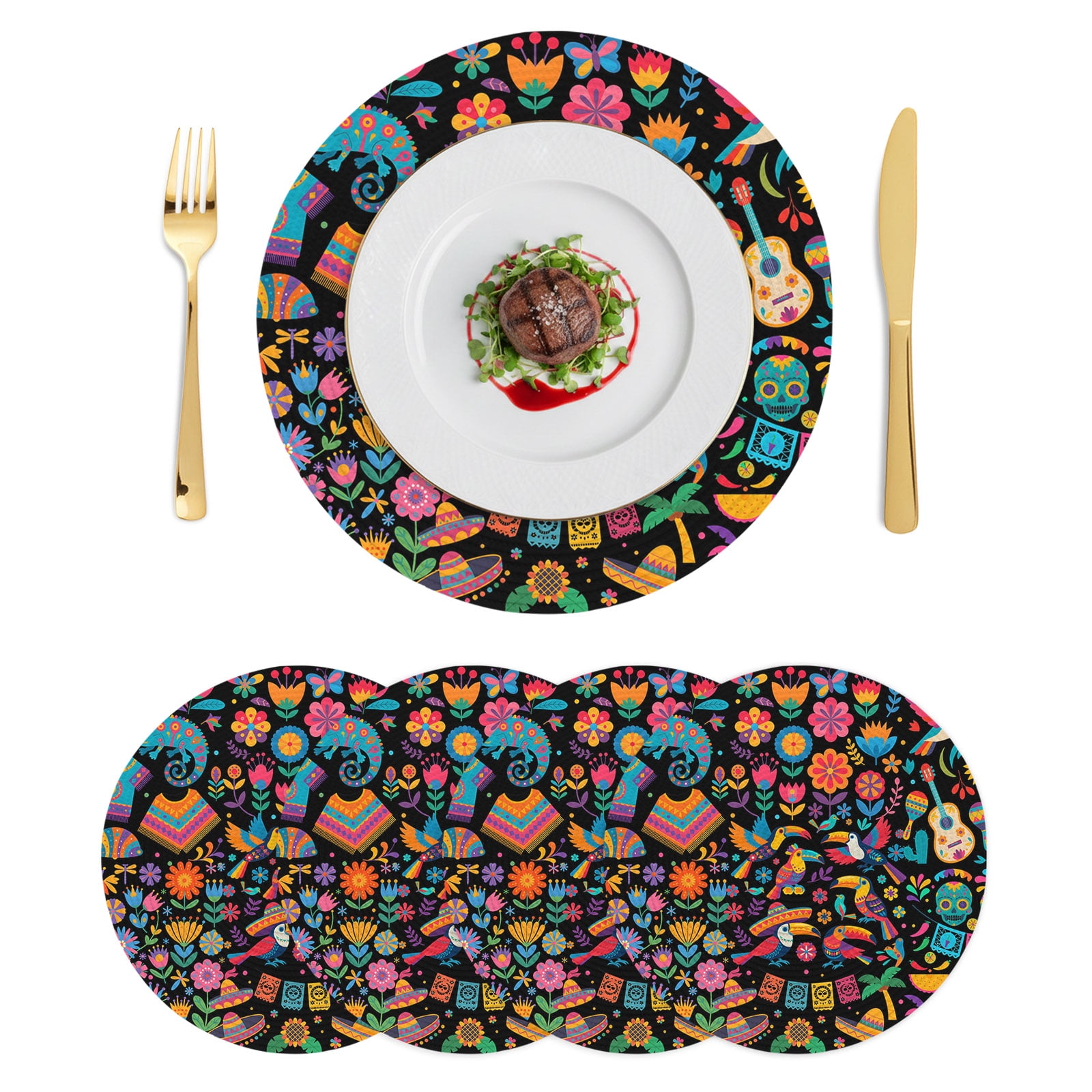 Colorful Cartoon Round Placemats Set of 4,Braided Polypropylene Place ...
