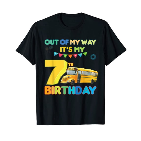 Colorful Cartoon School Bus T-Shirt for 7th Birthday Celebration ...