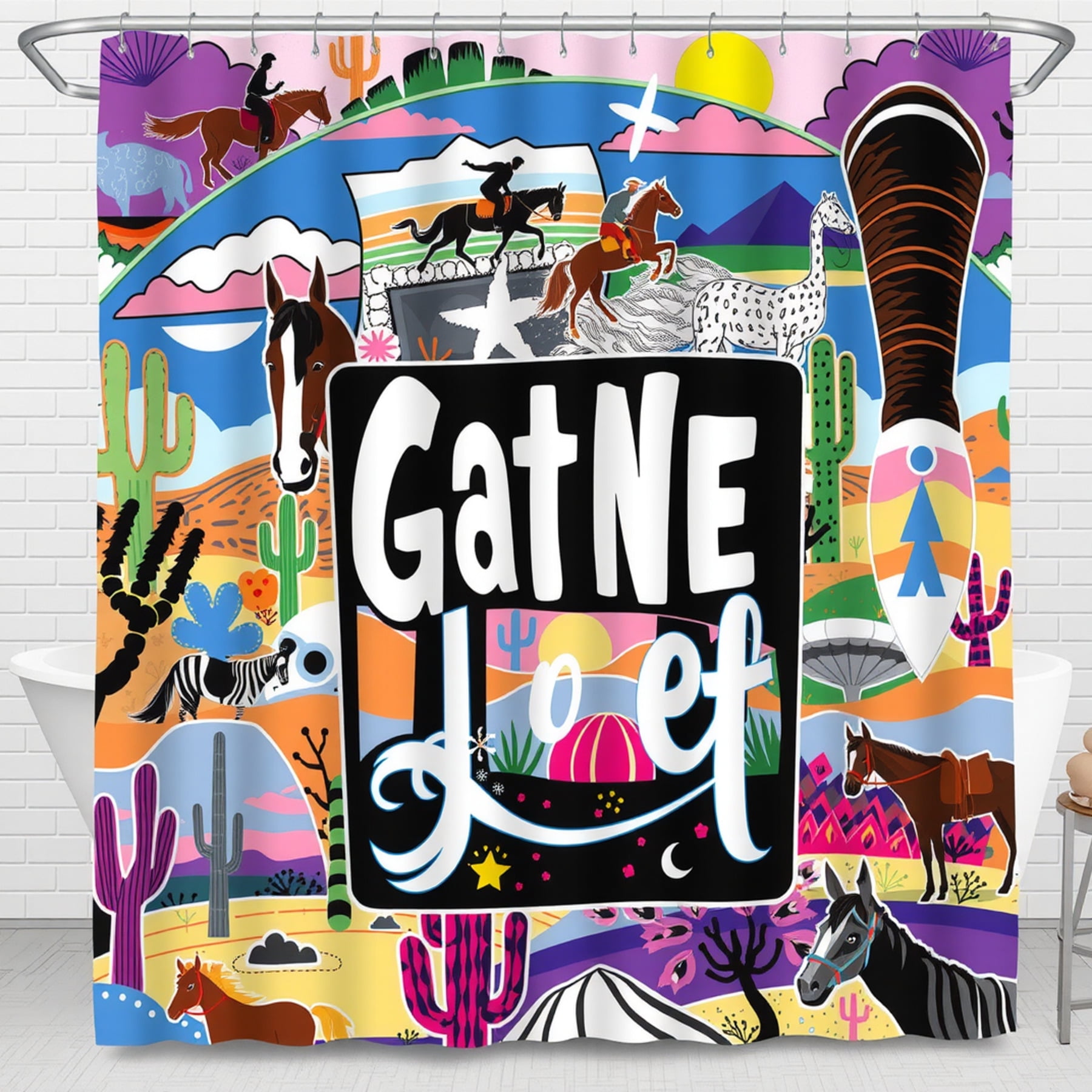 Colorful Cartoon Shower Curtain - "GatNE Joef" with Cacti, Horses & Zebras - Whimsical Design on ...