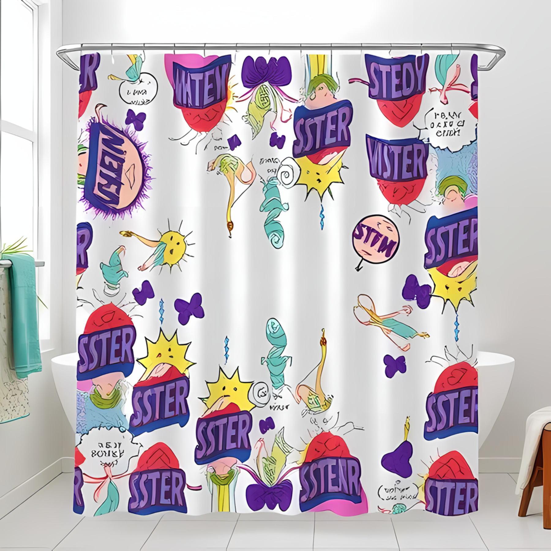 Colorful Cartoon Shower Curtain with Whimsical Characters & Bold ...