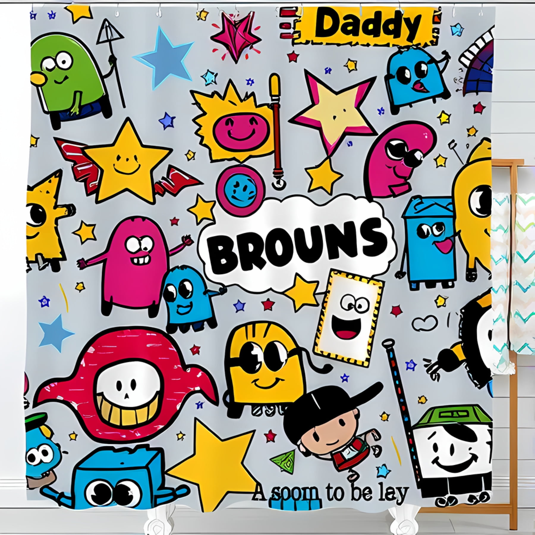 Colorful Cartoon Shower Curtain with Whimsical Characters Stars and ...