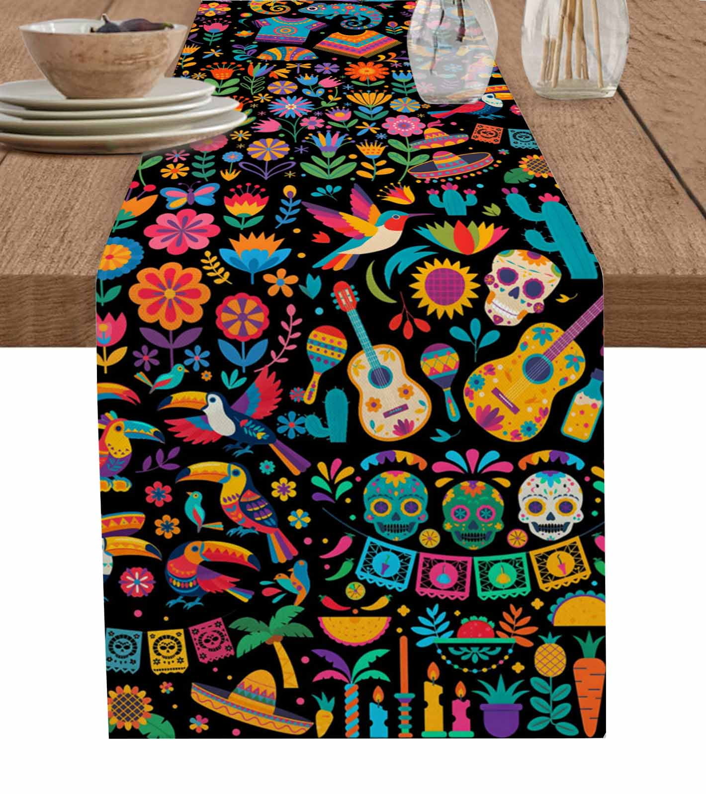 Colorful Cartoon Table Runner 72 Inches, Funny Flowers Guitar Animals ...