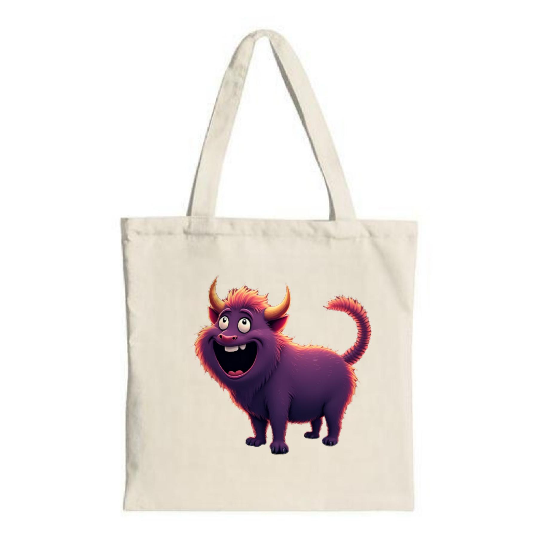 Colorful Cartoon Tote Bag featuring a cheerful purple creature with ...