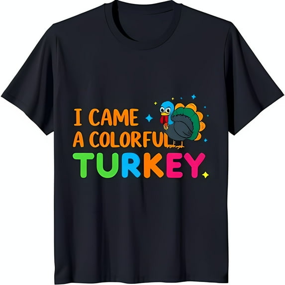 Colorful Cartoon Turkey Black T-Shirt Fun Thanksgiving Design with Bold ...