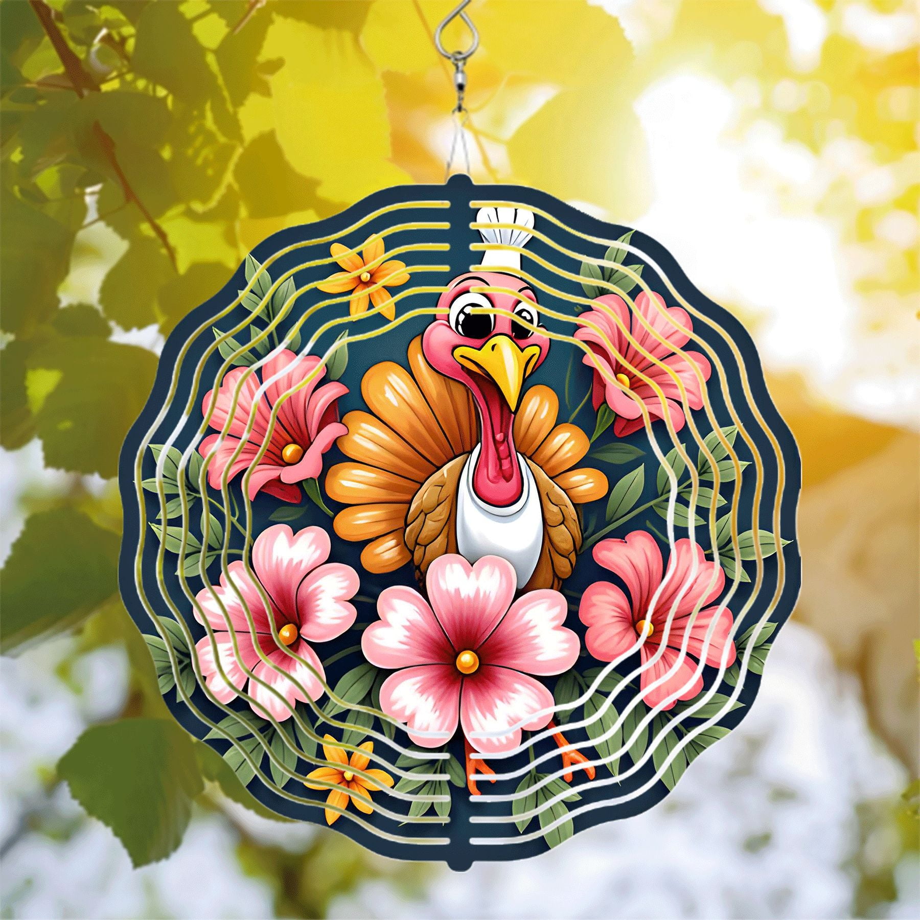 Colorful Cartoon Turkey Metal Hanging Wind Spinner with Vibrant Flowers ...