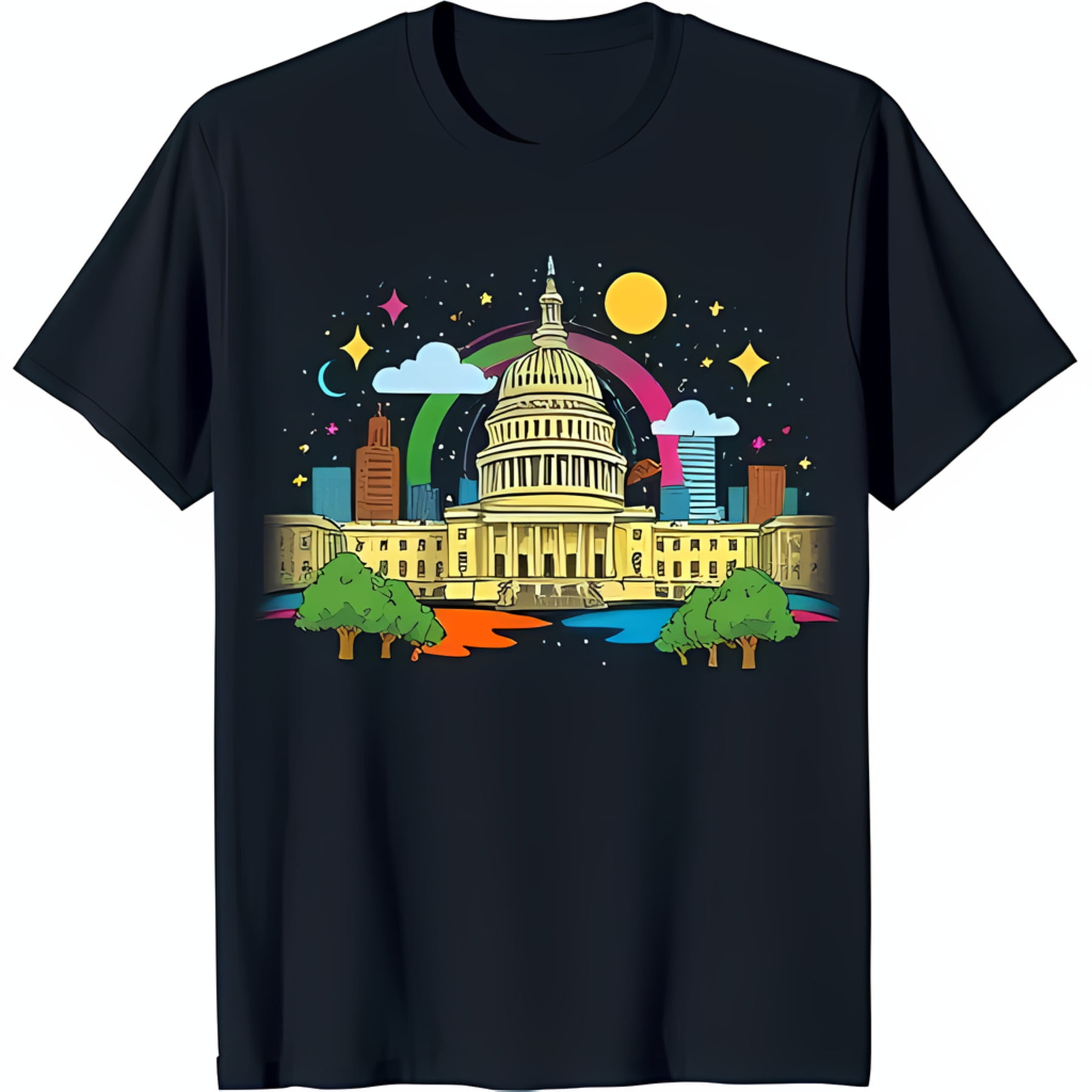 Colorful Cartoon US Capitol Building Graphic on Black T-Shirt Fun ...