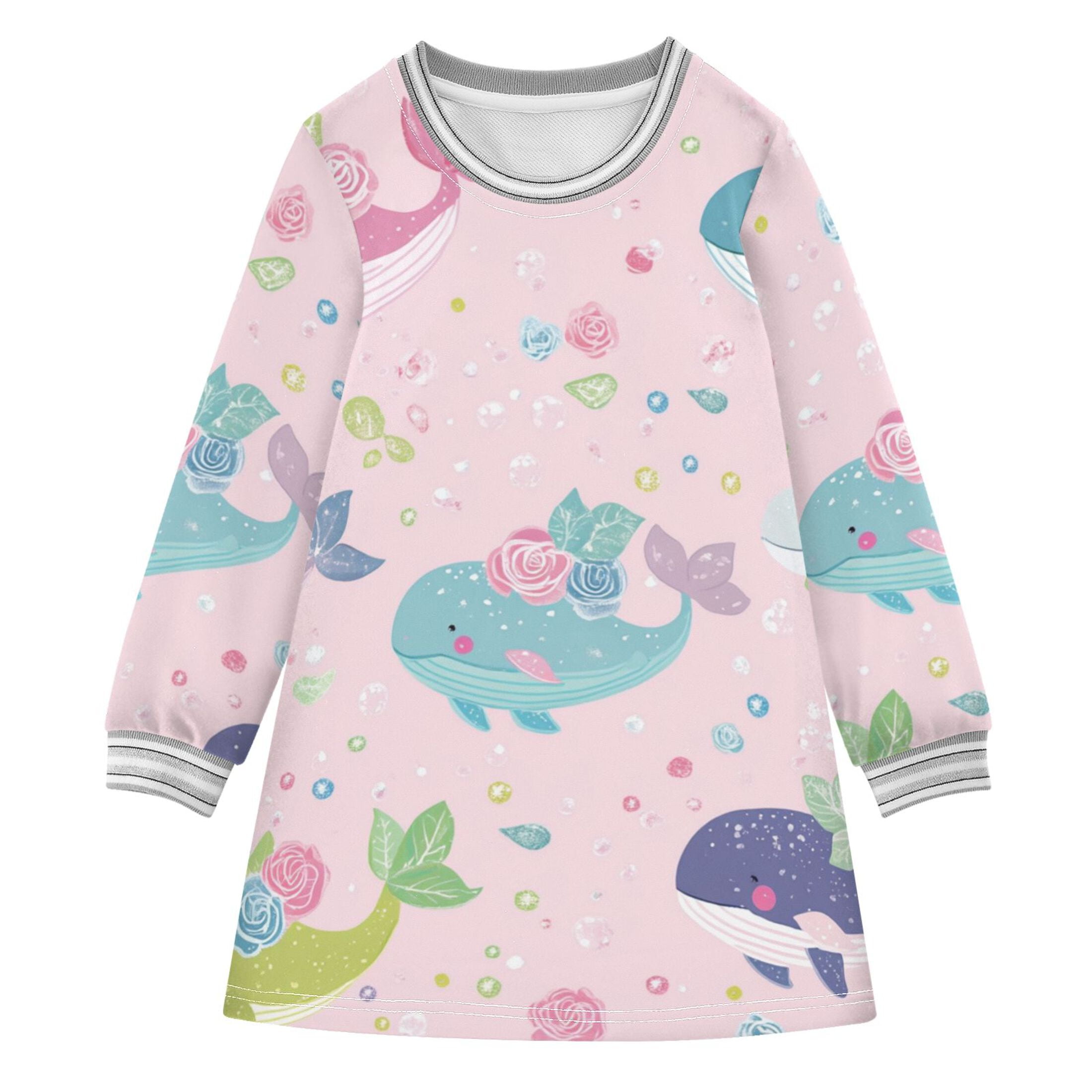 Colorful Cartoon Whales Beautiful Roses Leaves Long-sleeved Dress A ...