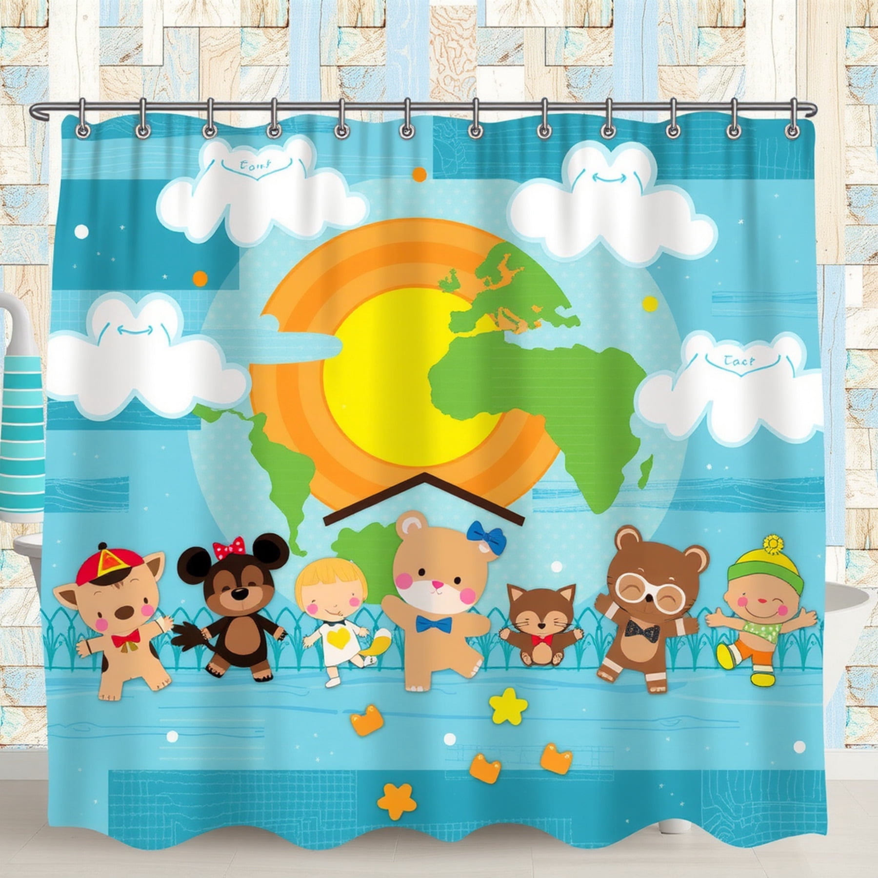 Colorful Cartoon World Map Shower Curtain Sun - Fun Decor - Walmart.com