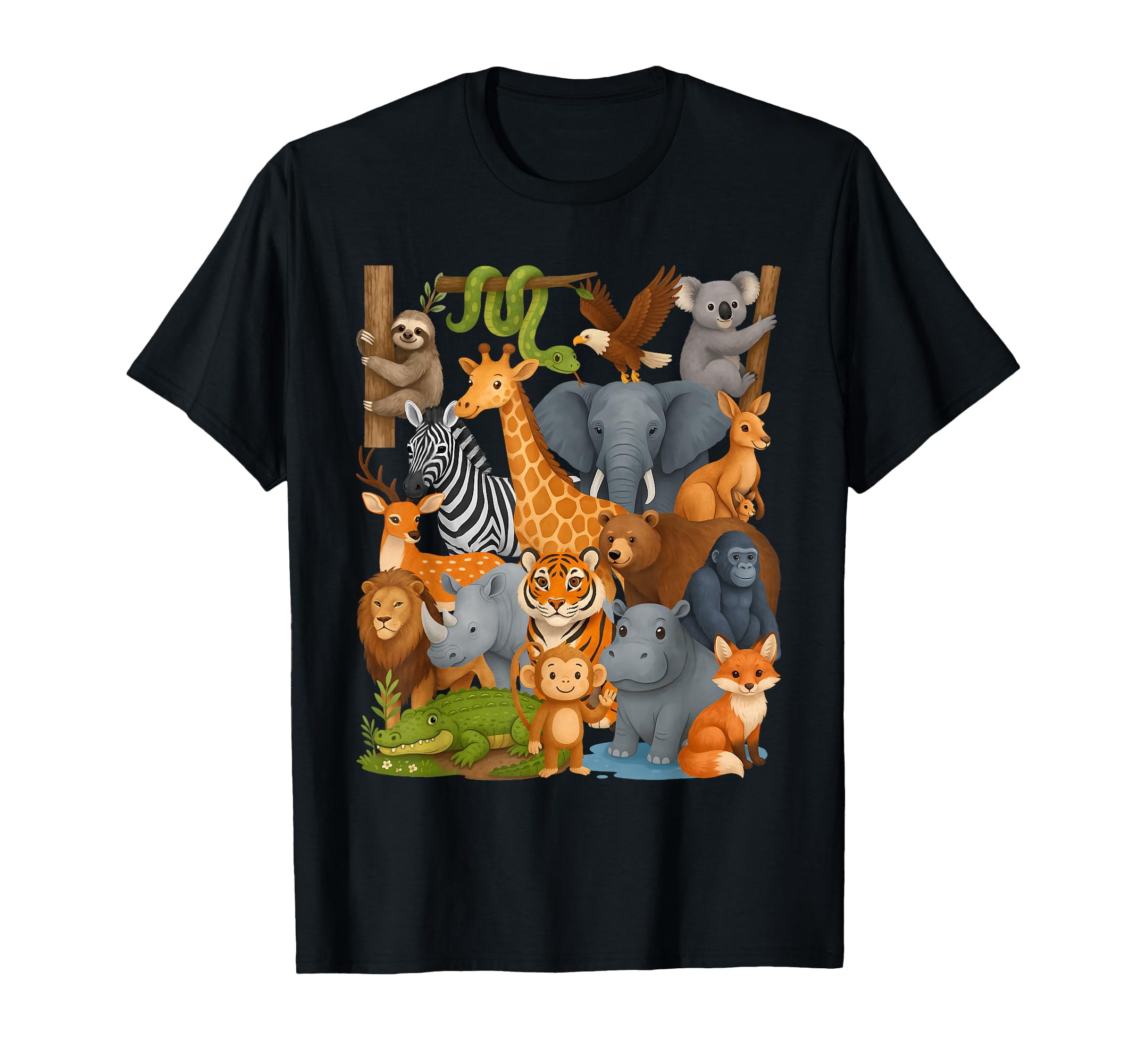 Colorful Cartoon Zoo Animals T-Shirt for Fun Wildlife Safari Jungle ...
