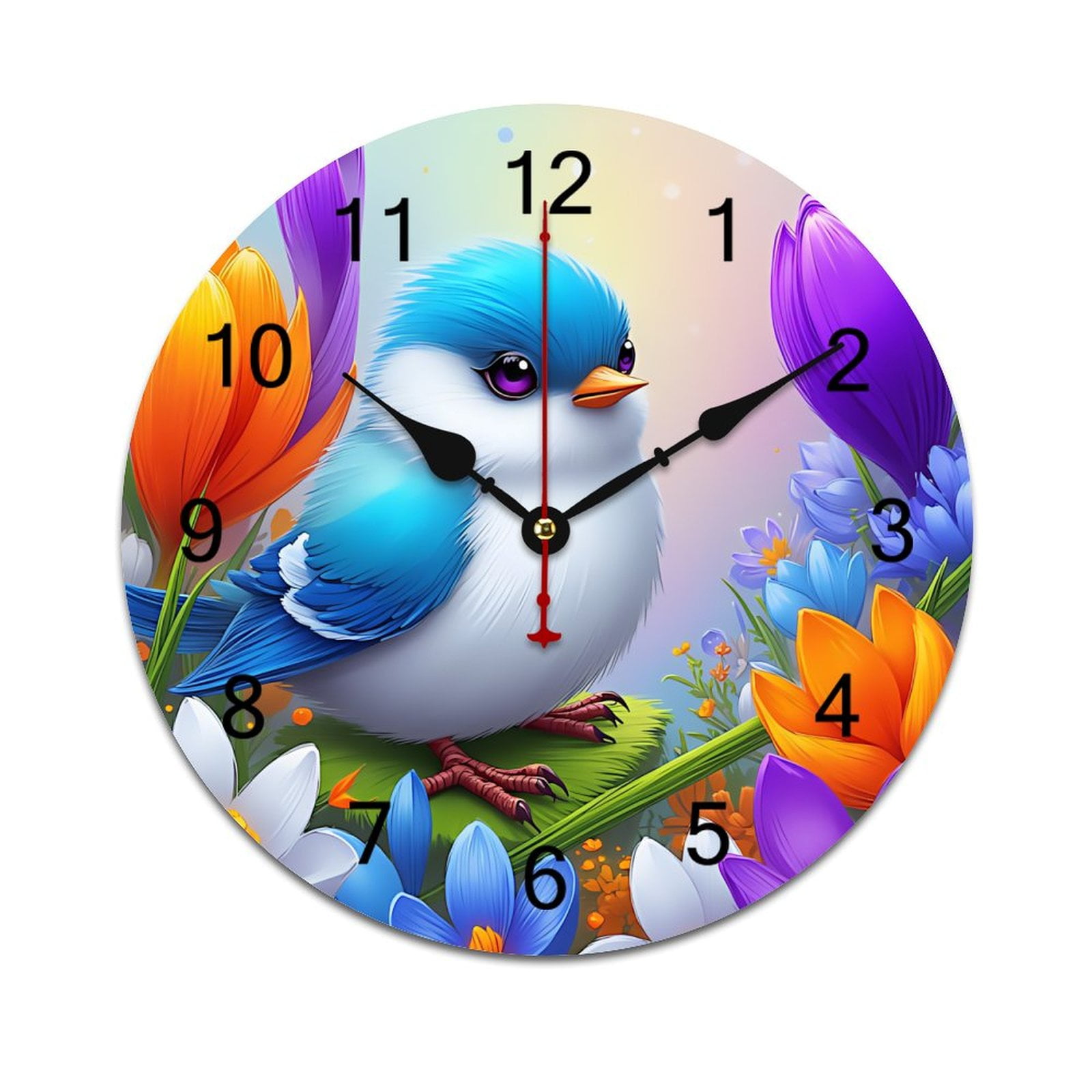 Colorful Cartoonish Bird Printed Silent Wall Clock Round Kitchen Clock ...