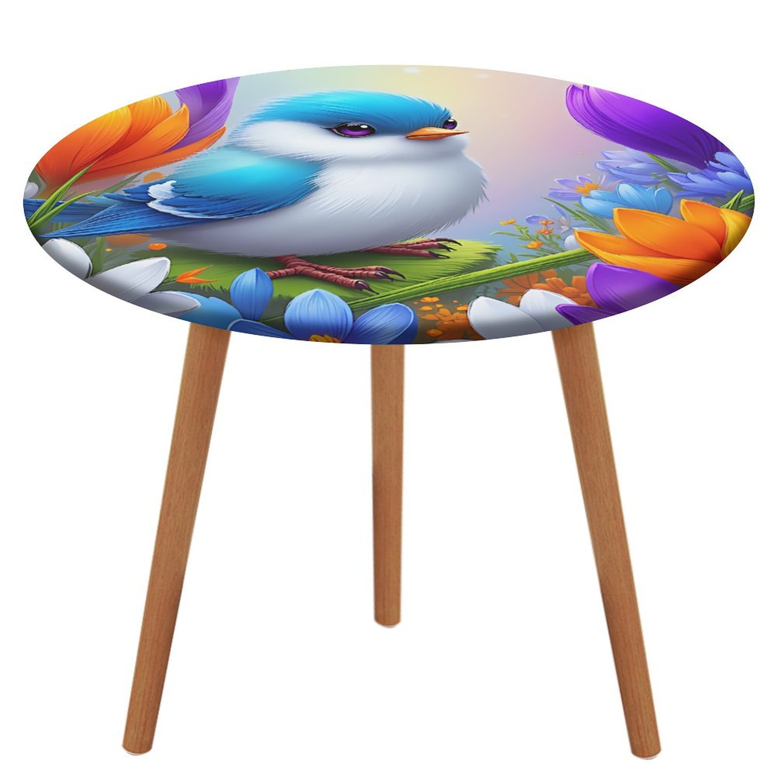 Colorful Cartoonish Bird Tablecloth Round Elastic Fitted Waterproof ...