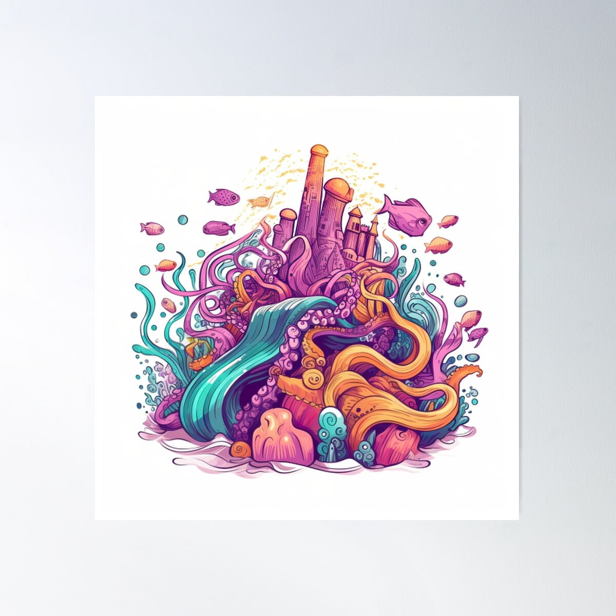 Colorful And Cartoony Octopus And Kelp Illustration | Vibrant Fluid ...