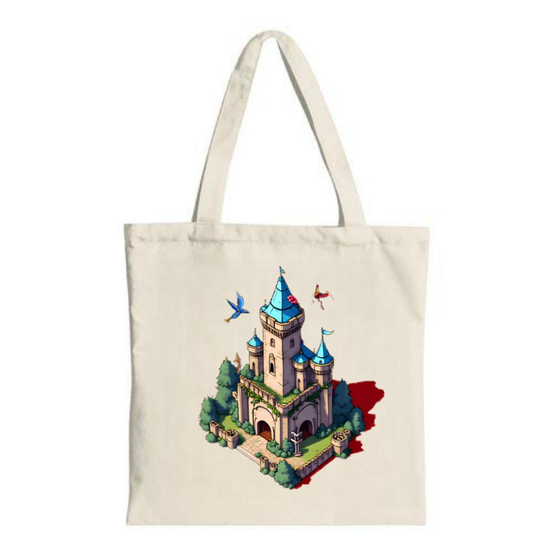 Colorful Castle Tote Bag - Whimsical Design with Blue Roofs Green Trees ...
