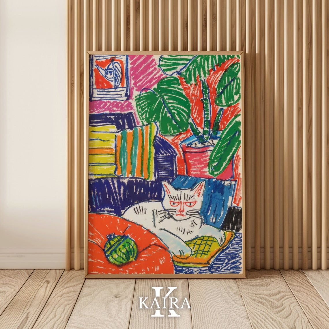 Colorful Cat Art Print Poster Whimsical Yarn Ball UNFRAMED Poster ...