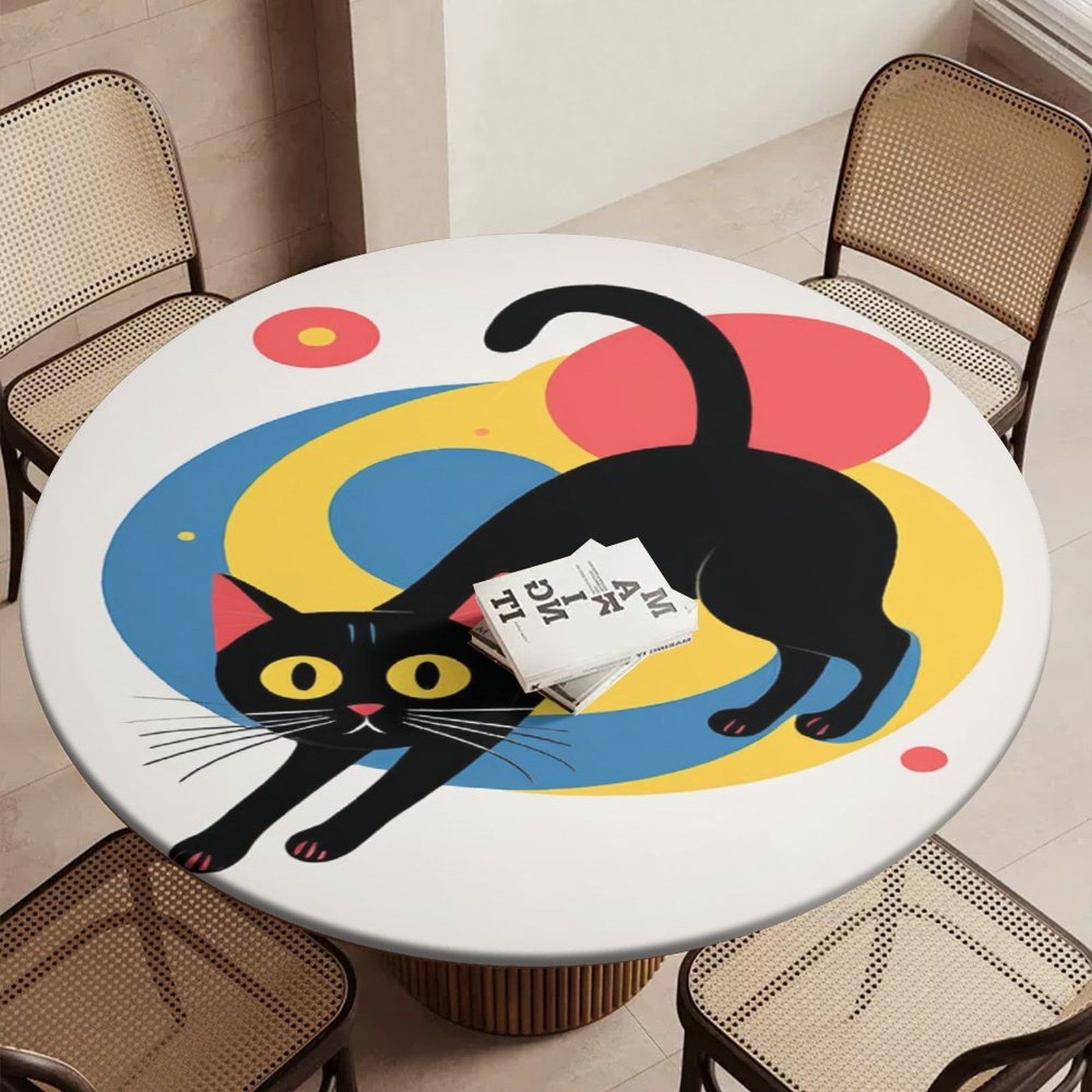 Colorful Cat Art Print Round Table Cover Kitchen Printed Waterproof ...