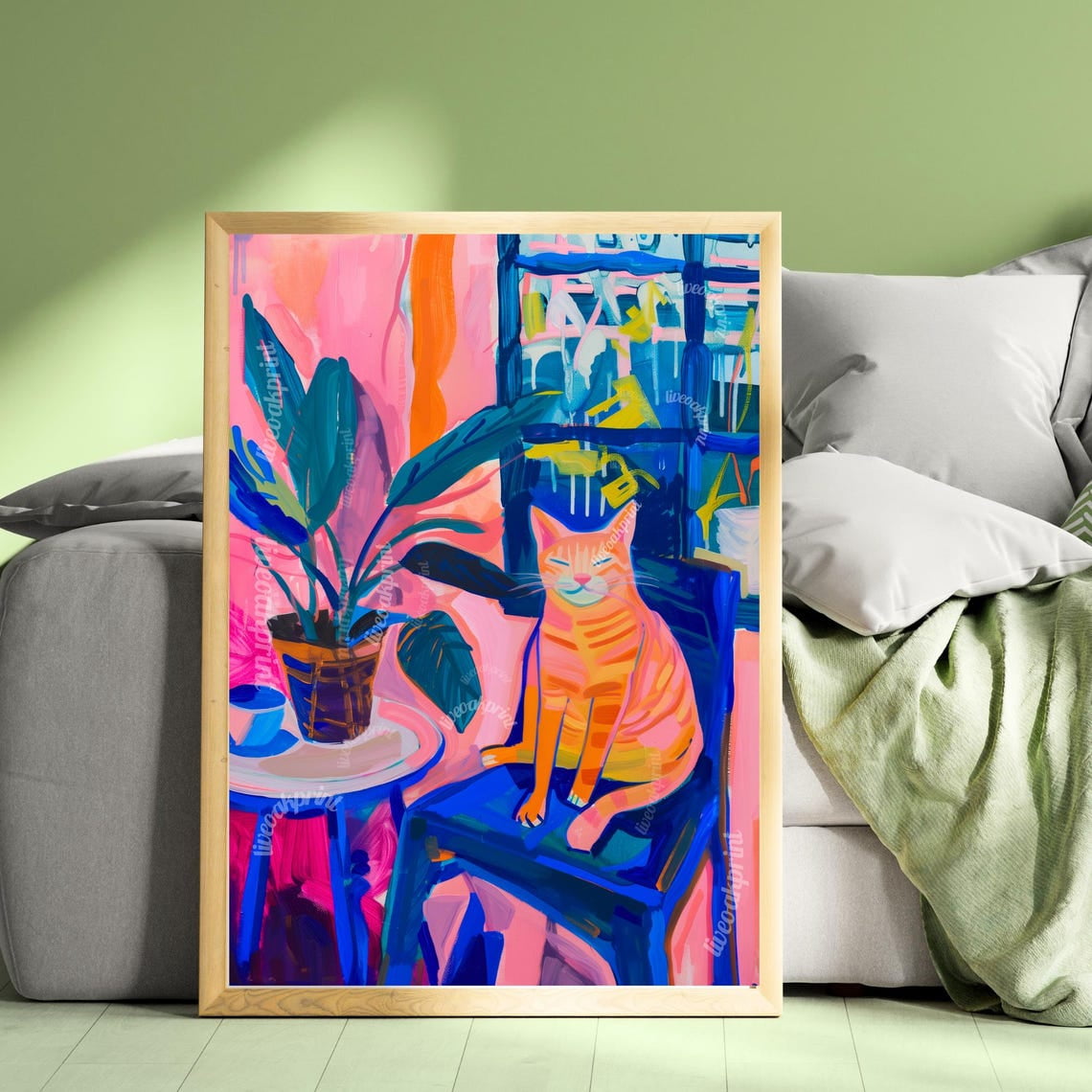 Colorful Cat In Chair Art Print – Funky Matisse-Inspired Cat Wall Art ...