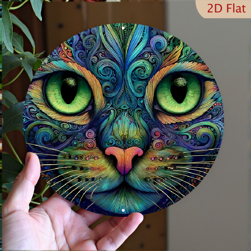 Colorful Cat Face Decor, 8" Round Aluminum Wall Art Sign, Metal Signs ...