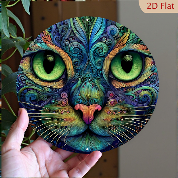 Colorful Cat Face Decor, 8" Round Aluminum Wall Art Sign, Metal Signs ...