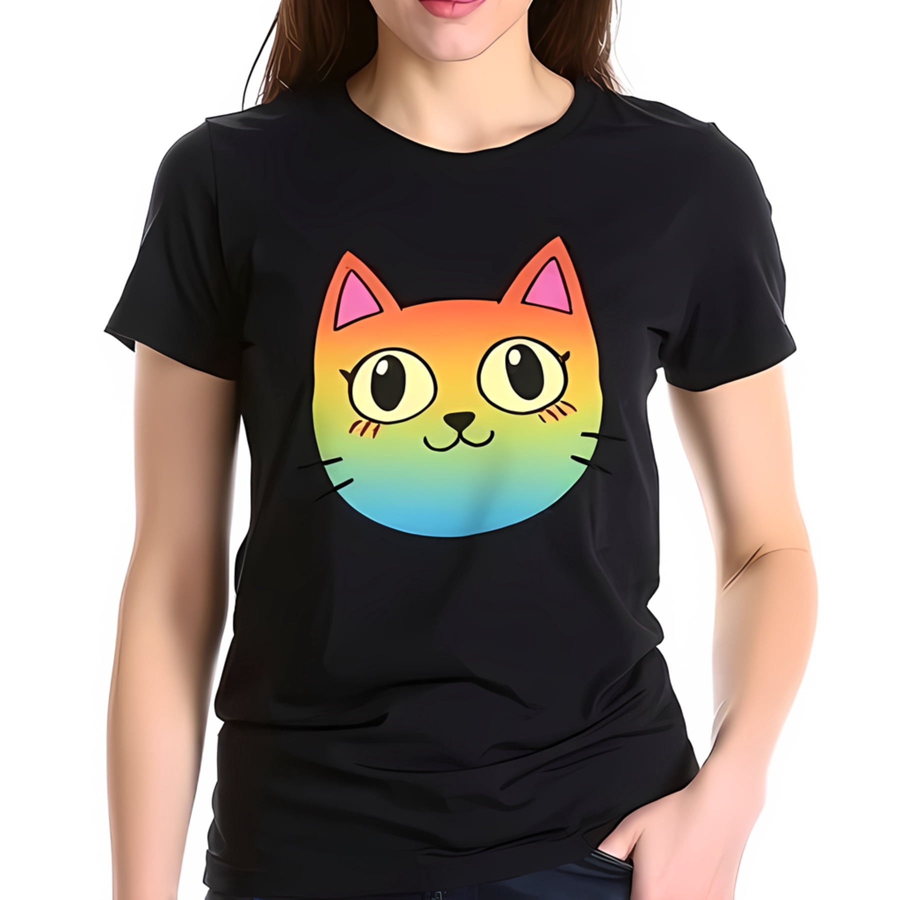 Colorful Cat Face Graphic Cotton Short Sleeve T-Shirt - Vibrant Rainbow ...