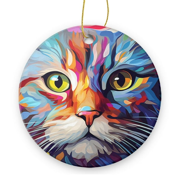 Colorful Cat Face With Large Eyes And Long Fur - Christmas Ornament ...