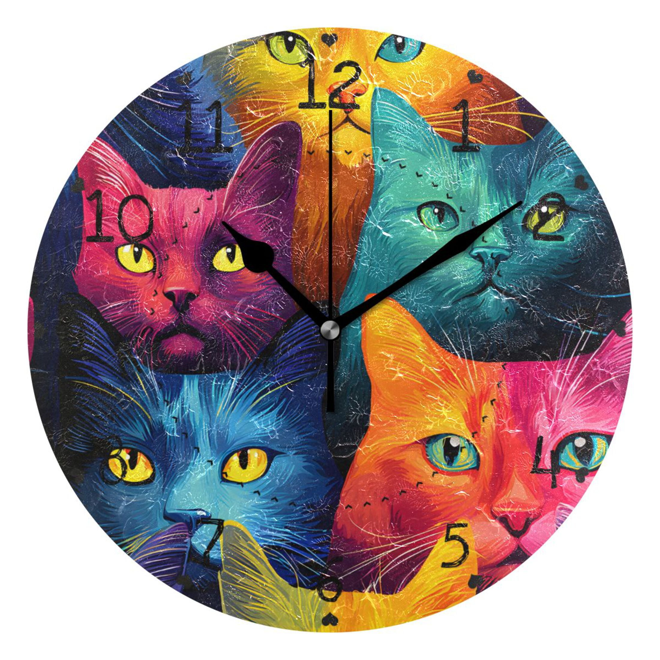 Colorful Cat Face Stare Round Wall Clock Silent Analog Battery Operated ...