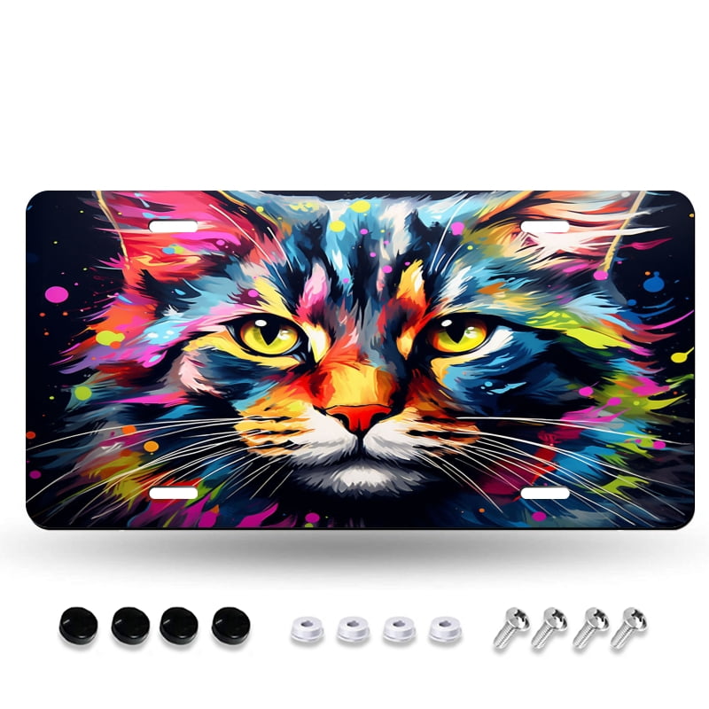 Colorful Cat Face in The Style of Digital Painting License Plate Frame ...