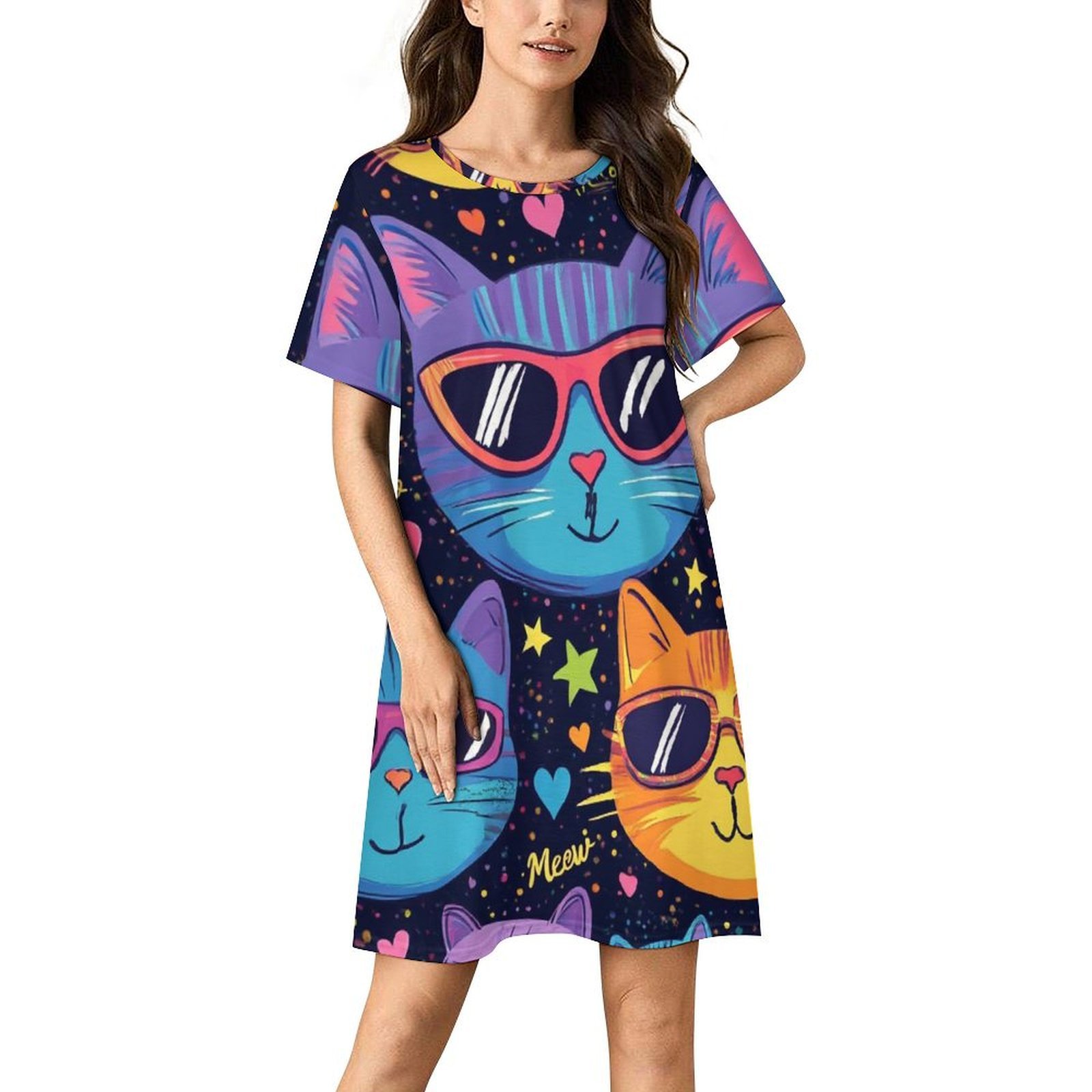 Colorful Cat Faces with Sunglasses Pattern Women Nightgown Sleepwear ...