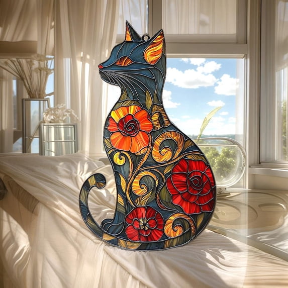 Colorful Cat Faux Stained Glass Suncatcher - Floral Acrylic Window ...
