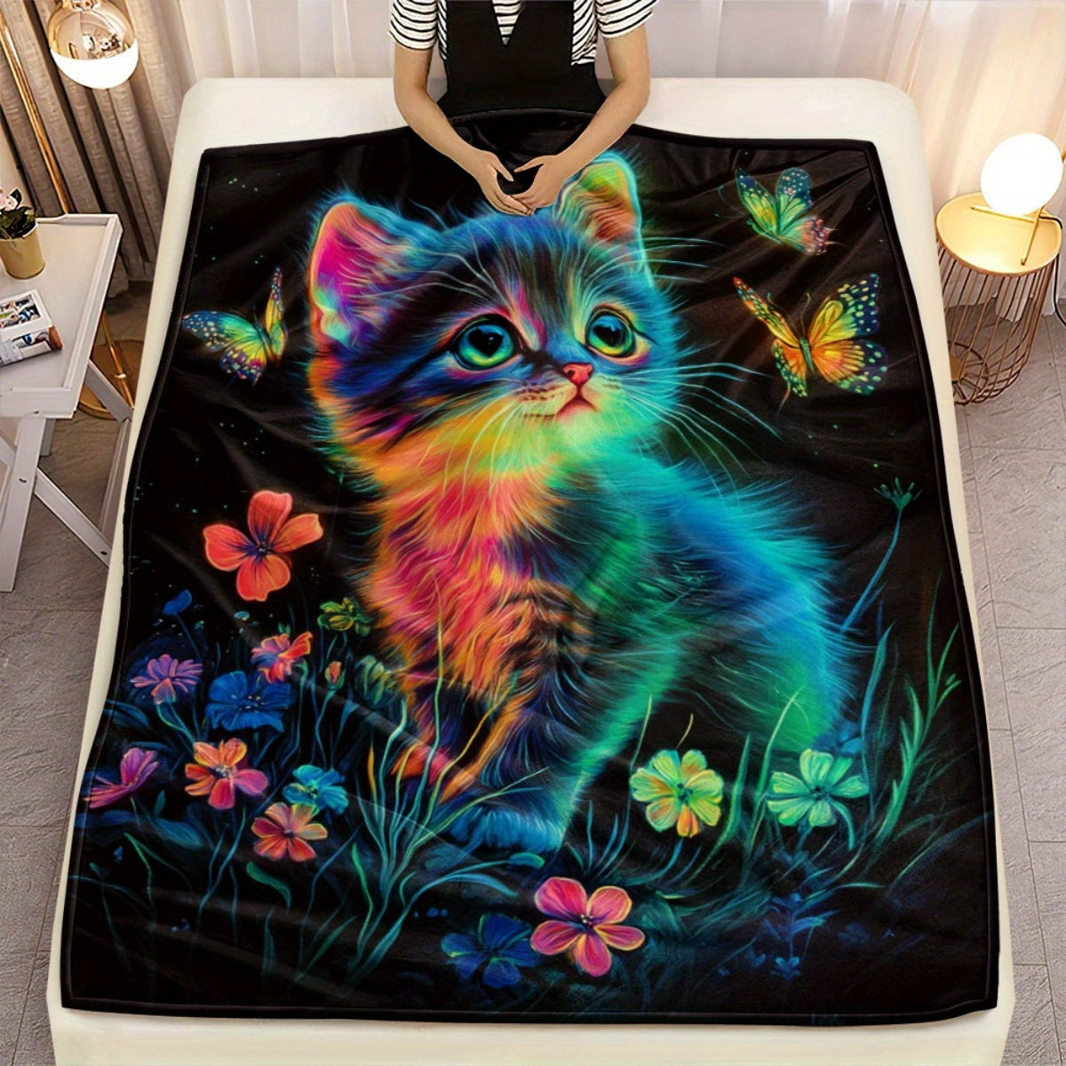 Colorful Cat HD Printed Blanket, Soft and Warm Flannel Blanket for ...
