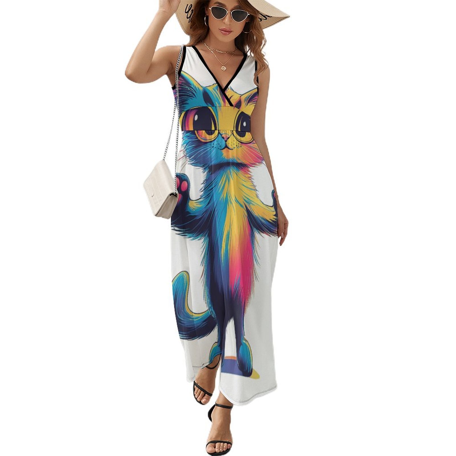 Colorful Cat Holding Mouse Dress Summer Street Style Bohemia Long ...