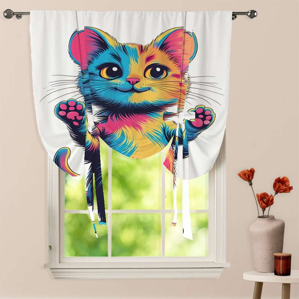 Colorful Cat Holding Mouse Window Curtain for Living Room Roman Curtain ...