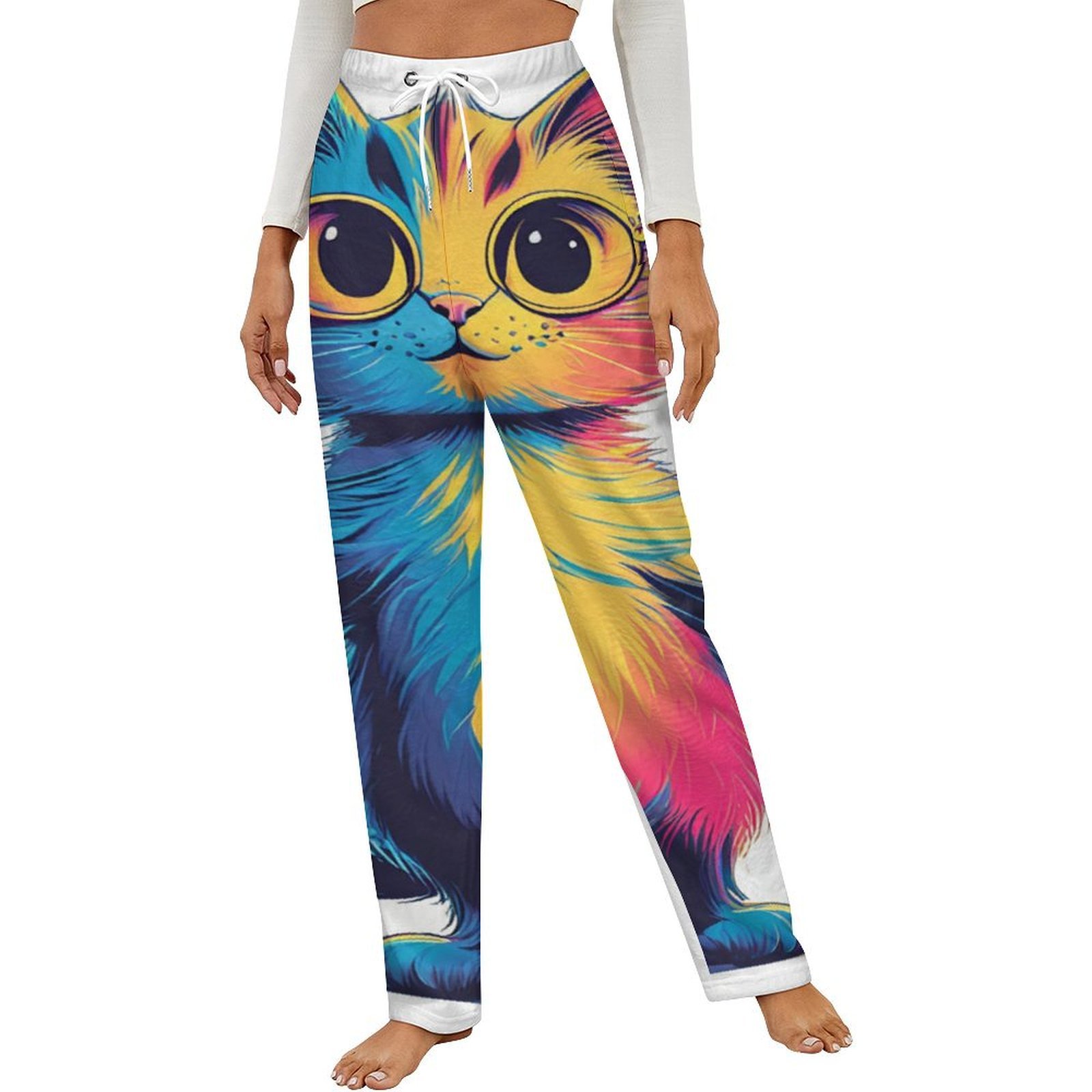 Colorful Cat Holding Mouse Winter Female Pants Flannel High Waist Women ...