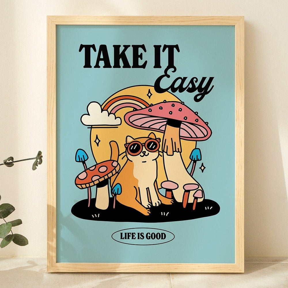 Colorful Cat Mushroom Print, Take It Easy Quote Poster, Blue Retro ...