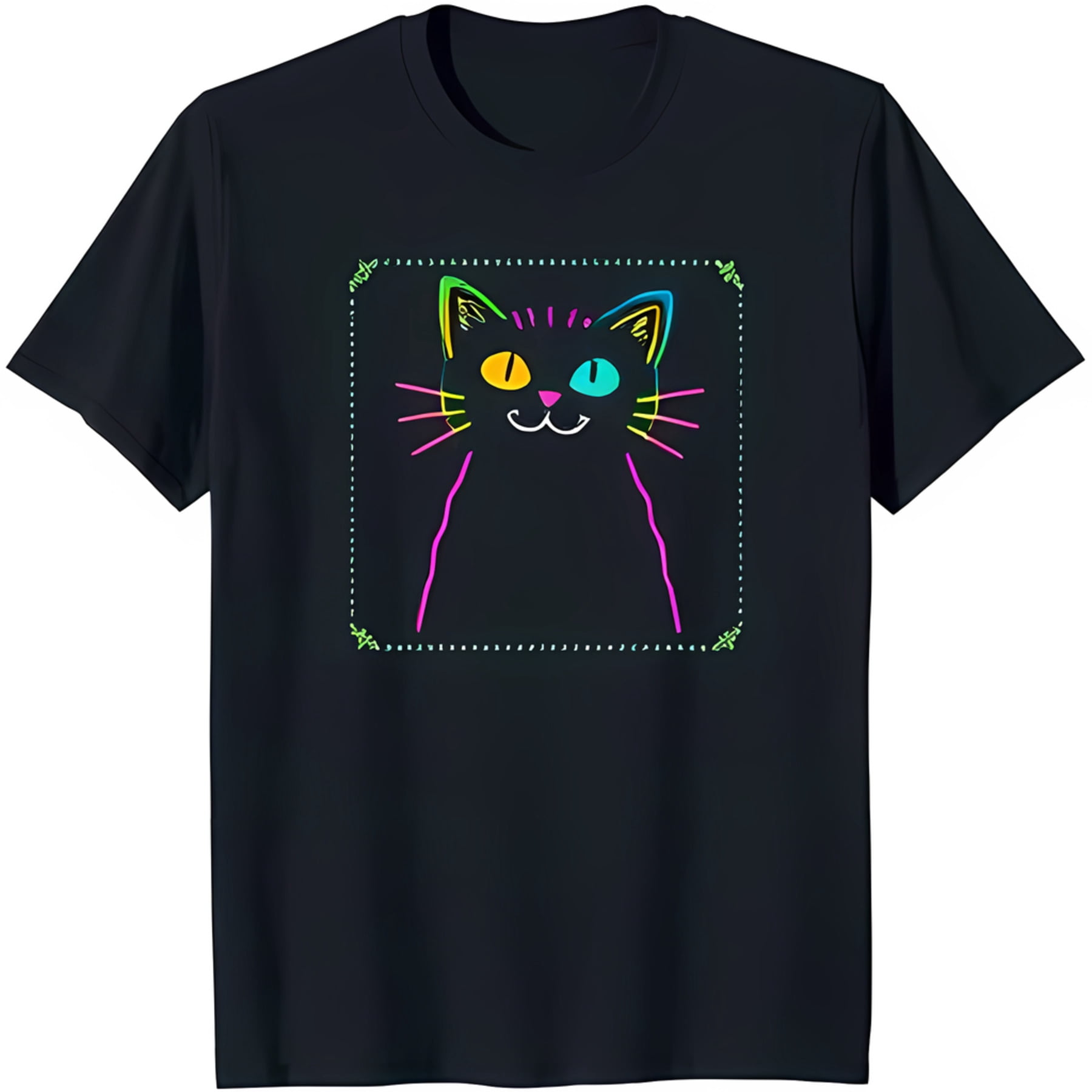 Colorful Cat Outline Graphic Black T-Shirt with Dotted Design - Walmart.com