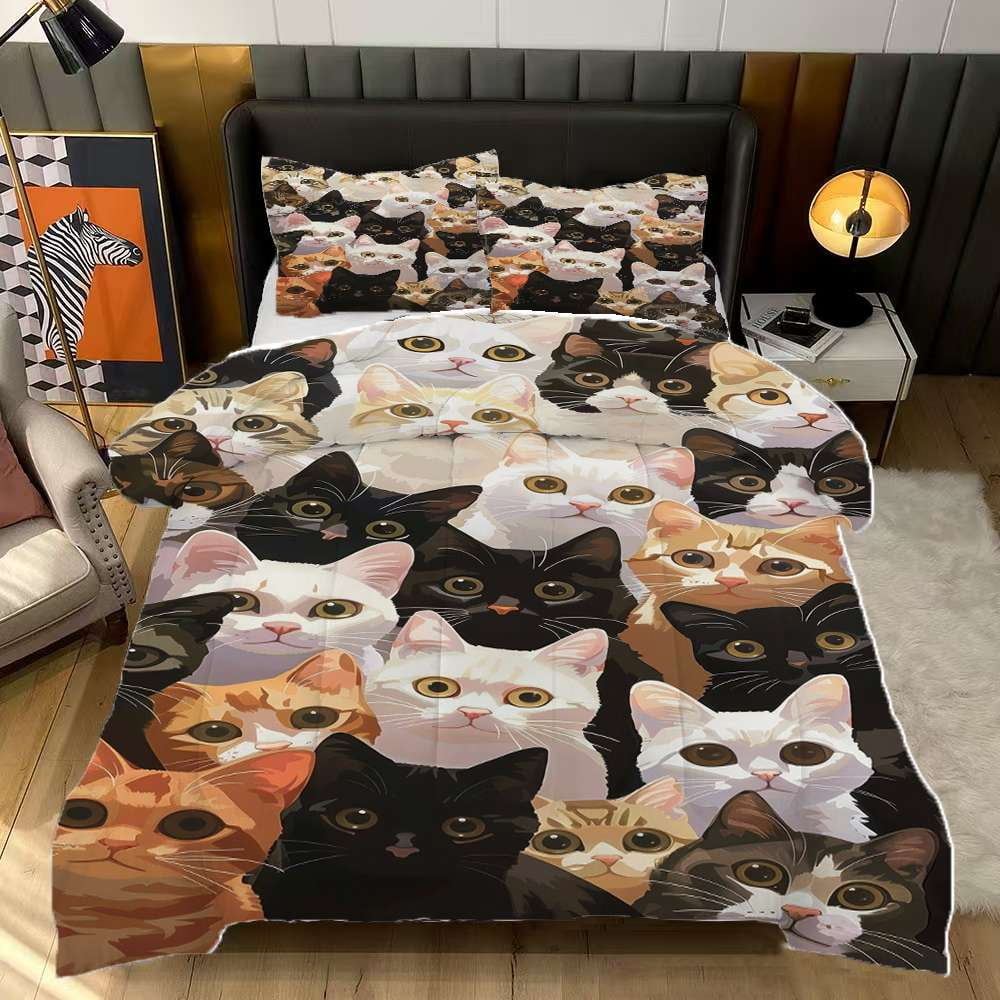 Colorful Cat Pattern Comforter Set Queen Size Bedding Set For Travl ...