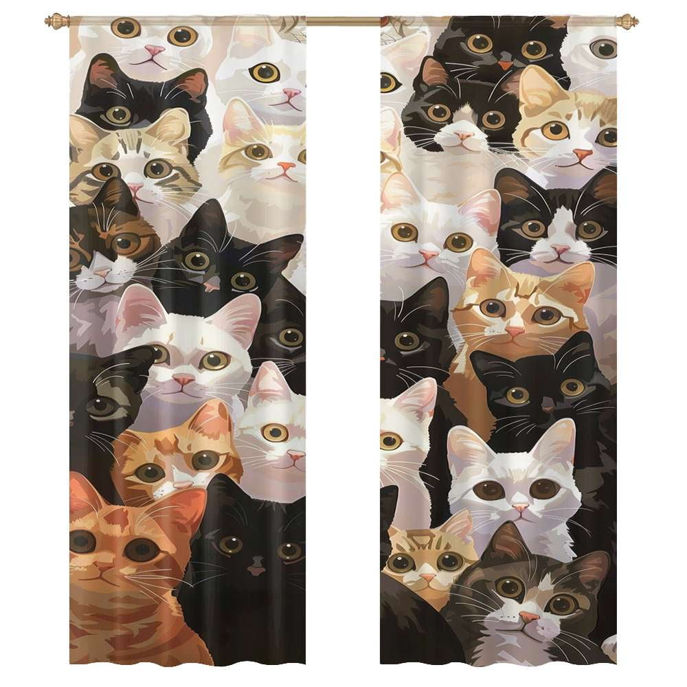 Colorful Cat Pattern Tulle Curtains For Living Room Chiffon Sheer Voile ...