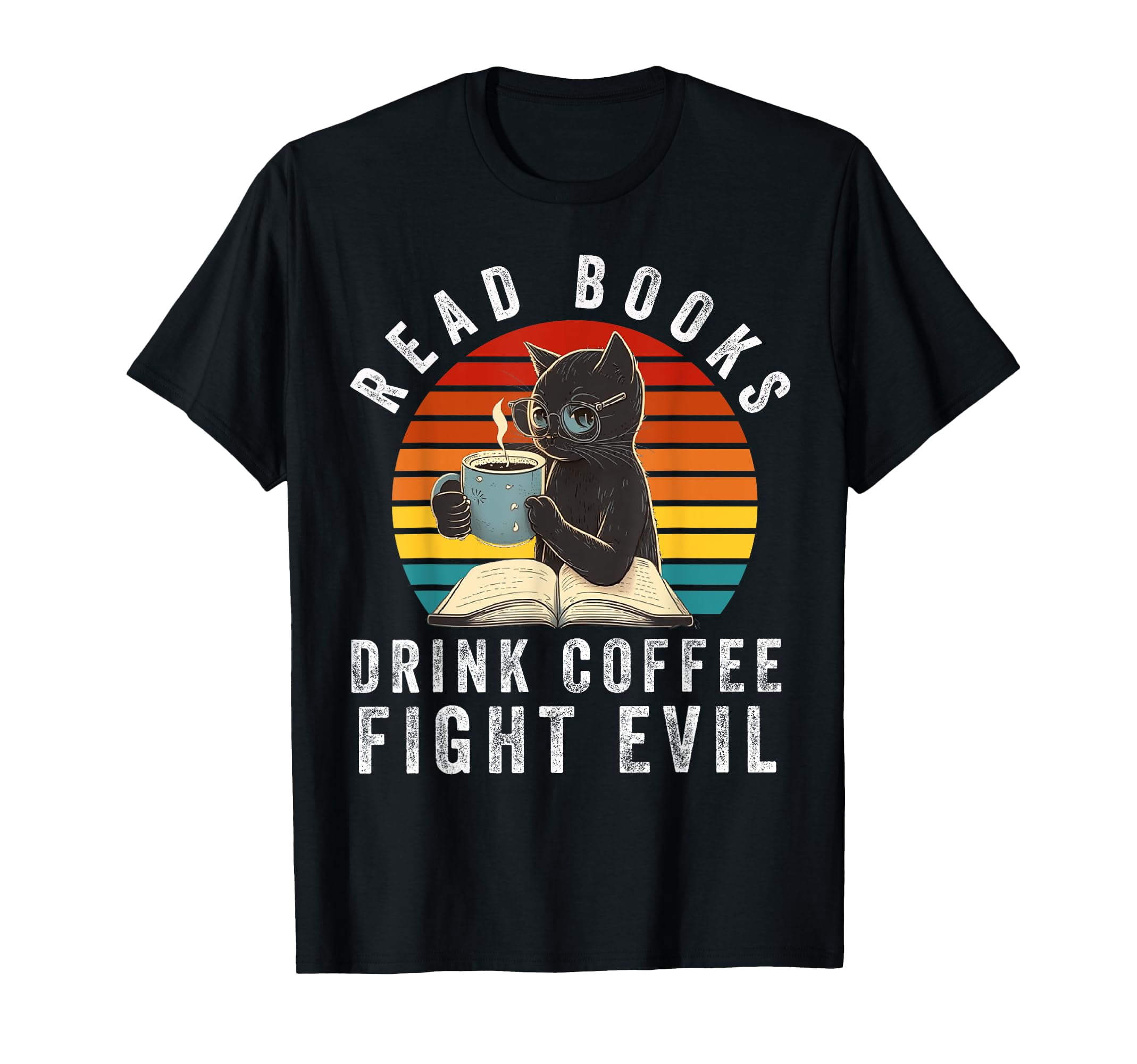 Colorful Cat Reading Book with Coffee Sunset T-Shirt for Book Lovers ...