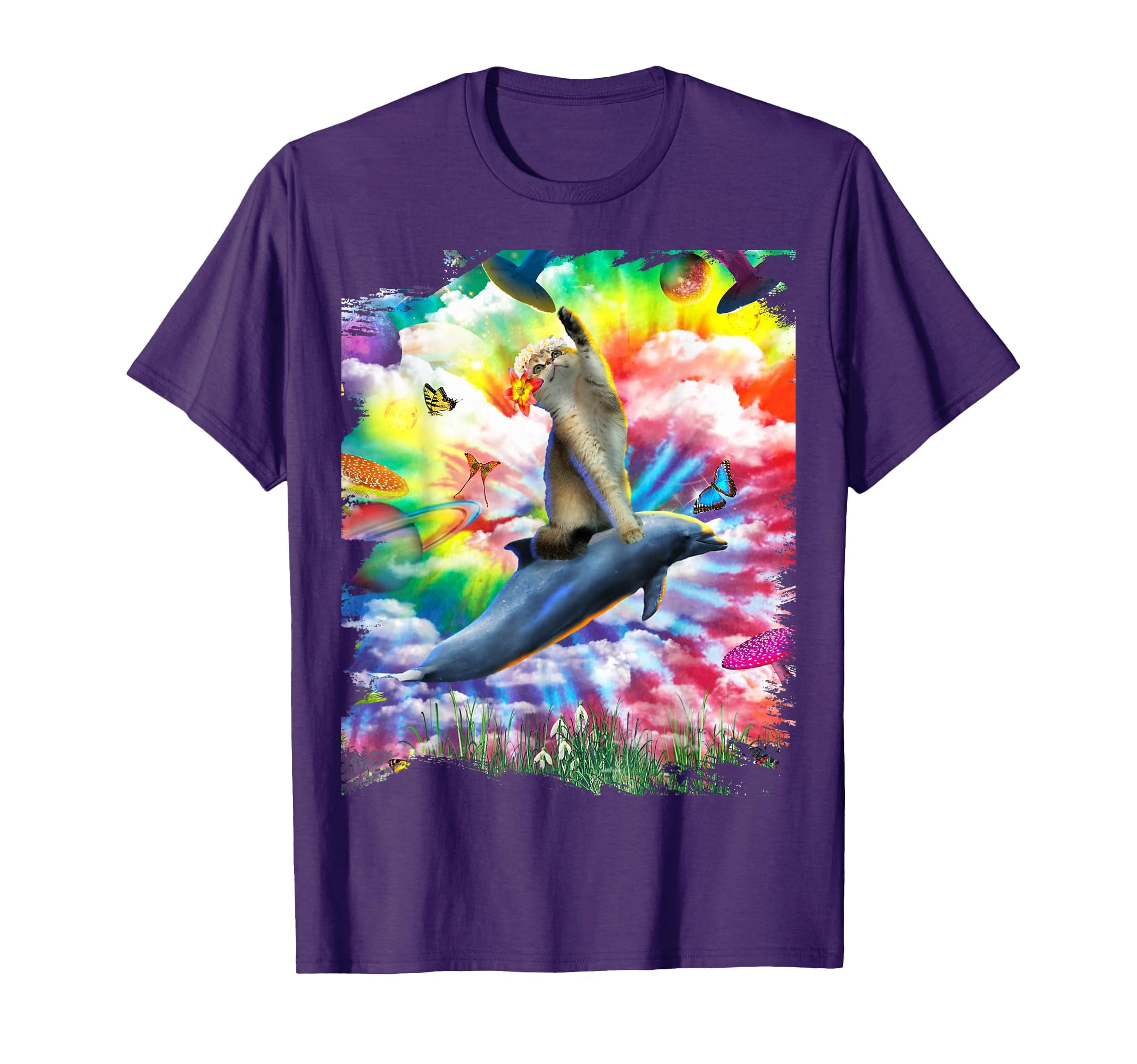 Colorful Cat Riding Dolphin Trippy Tie Dye T-Shirt for Fun and Unique ...