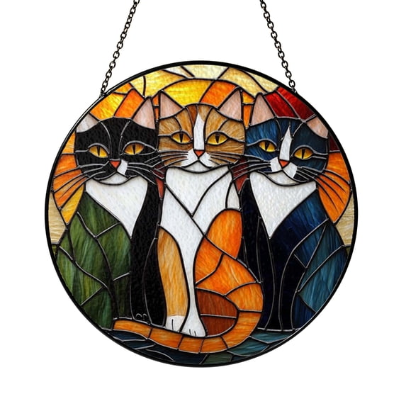 Colorful Cat Scene Round Suncatcher – Stained Glass Style Window ...