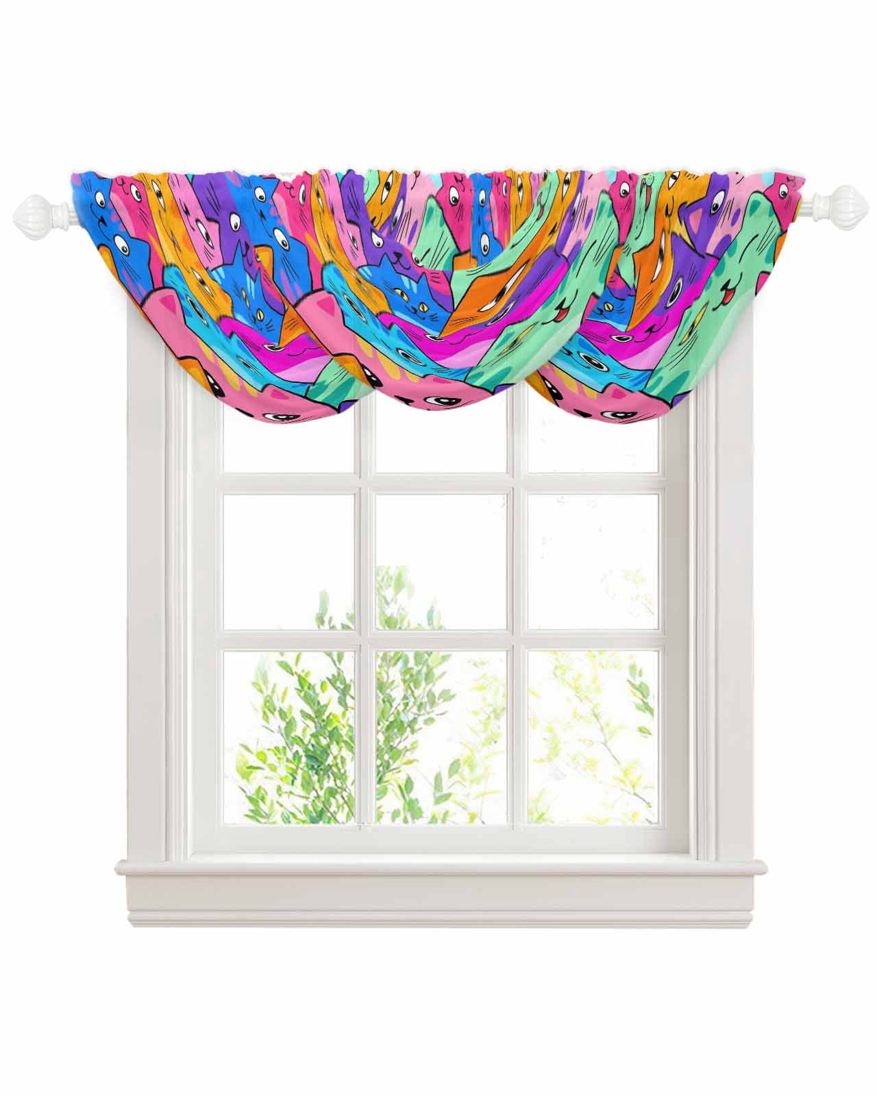 Colorful Cat Sheer Waterfall Valance Curtains for Window, Modern ...