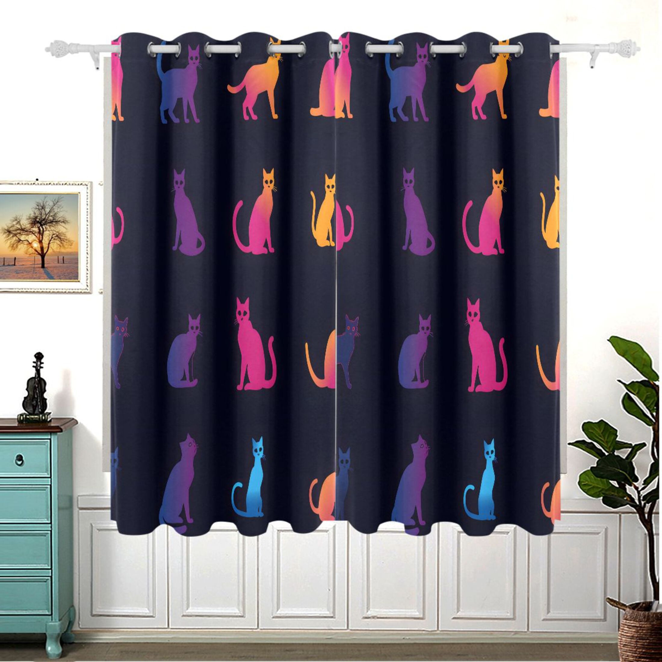Colorful Cat Silhouette Blackout Curtains for Bedroom 63x55 in 2 Panels ...