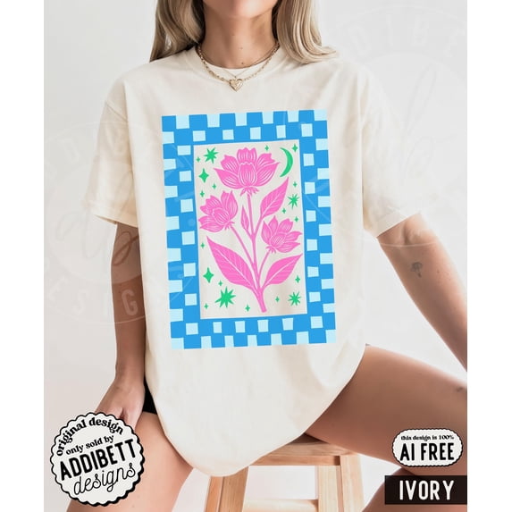 Colorful Celestial Dopamine Blockprint Style Flowers Checkered Linocut ...