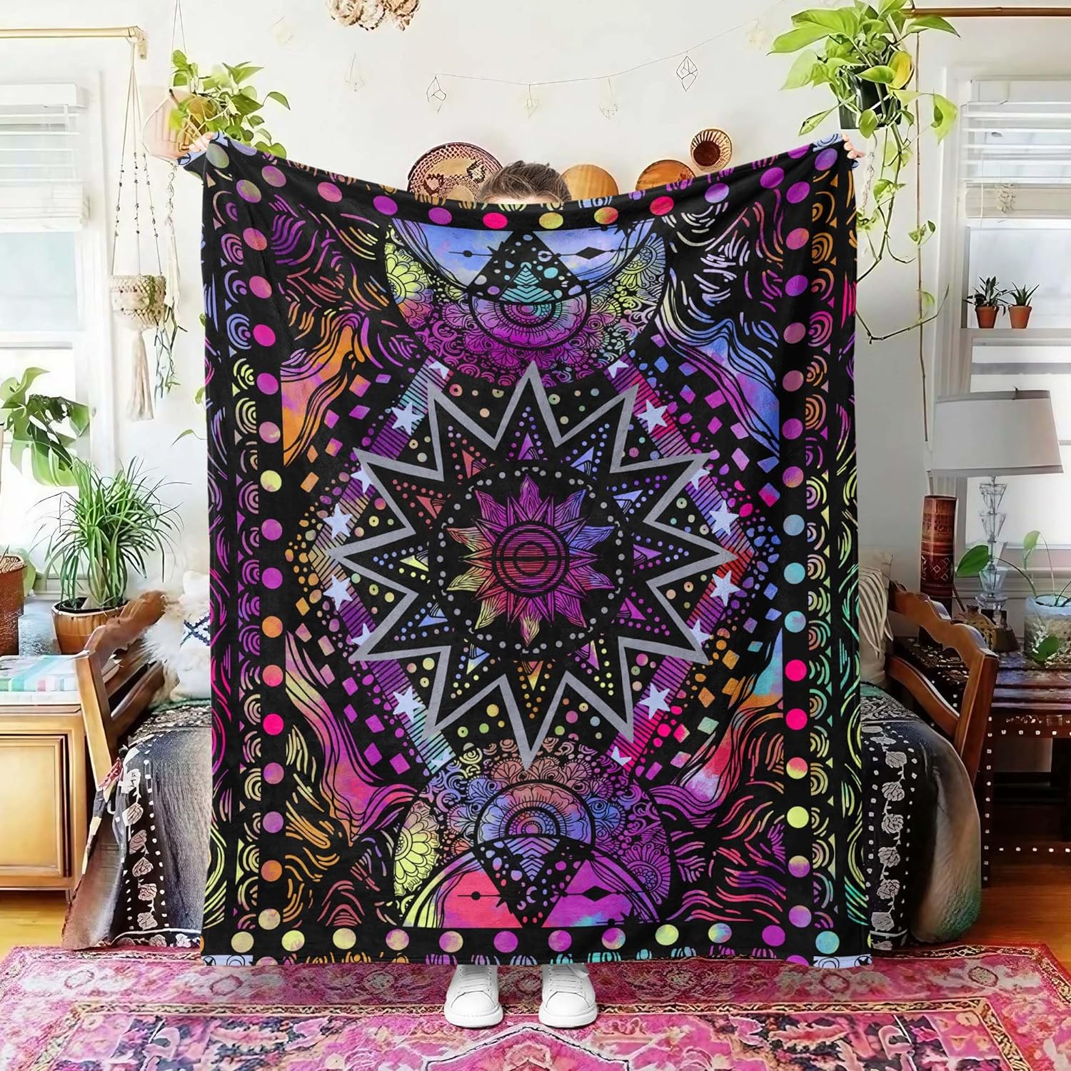 Colorful Ceometric Art Throw Blanket, Hippie Abstract Sun and Moon ...