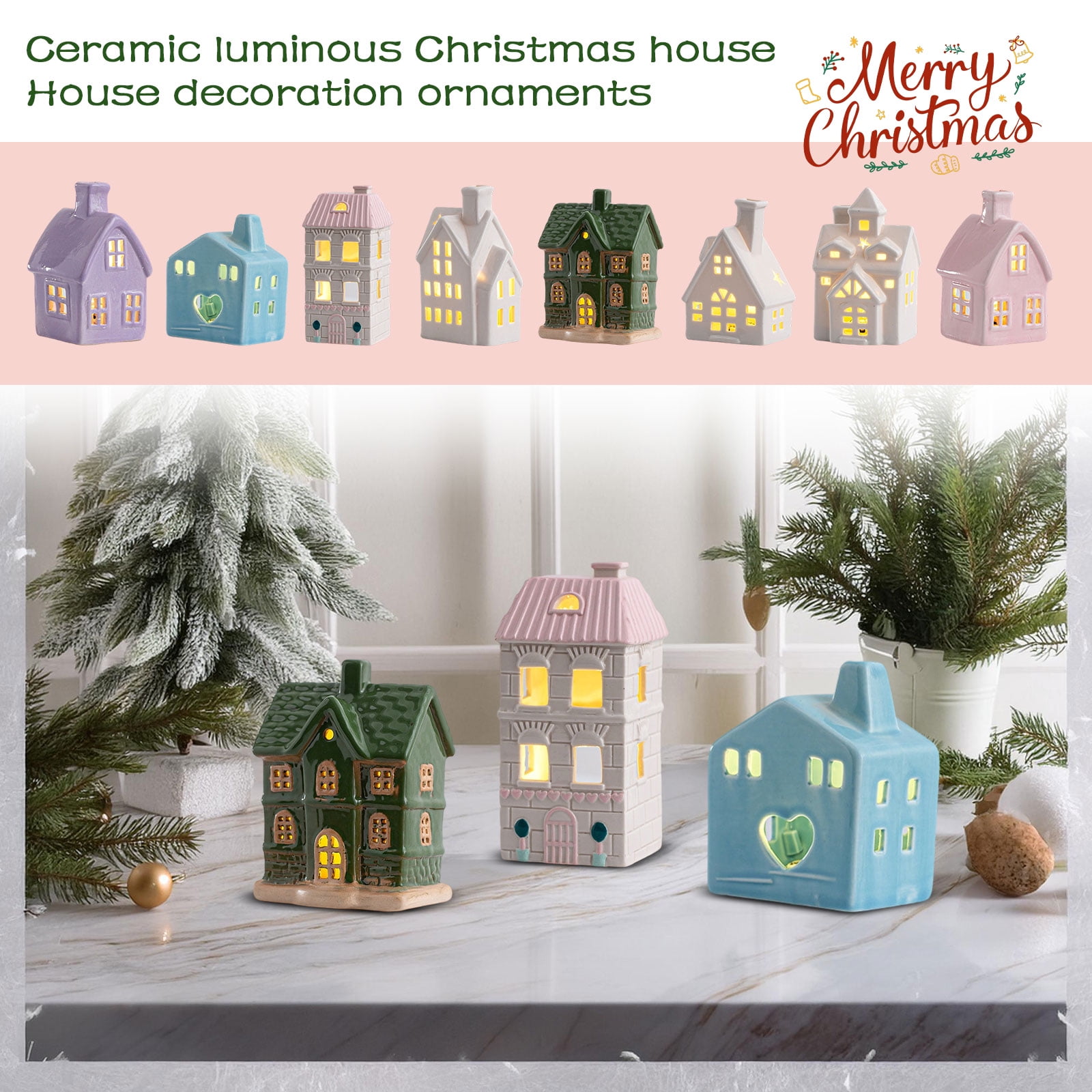 Colorful Ceramic Christmas Village Houses, Glowing Lighted Holiday ...