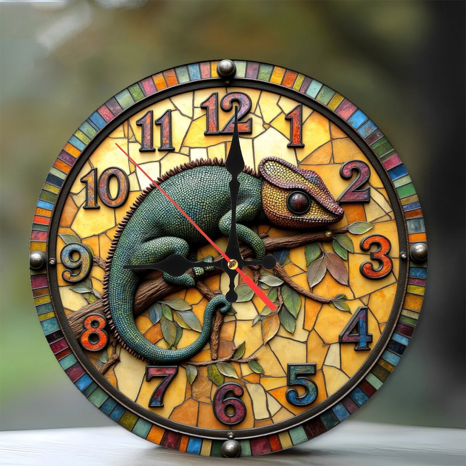 Colorful Chameleon Wall Clock with Unique Design 10-Inch Silent Wooden ...