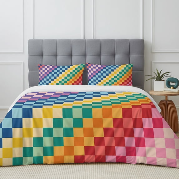 Colorful Checkered Duvet Cover Set King Size, Boho Geometric Red Green ...